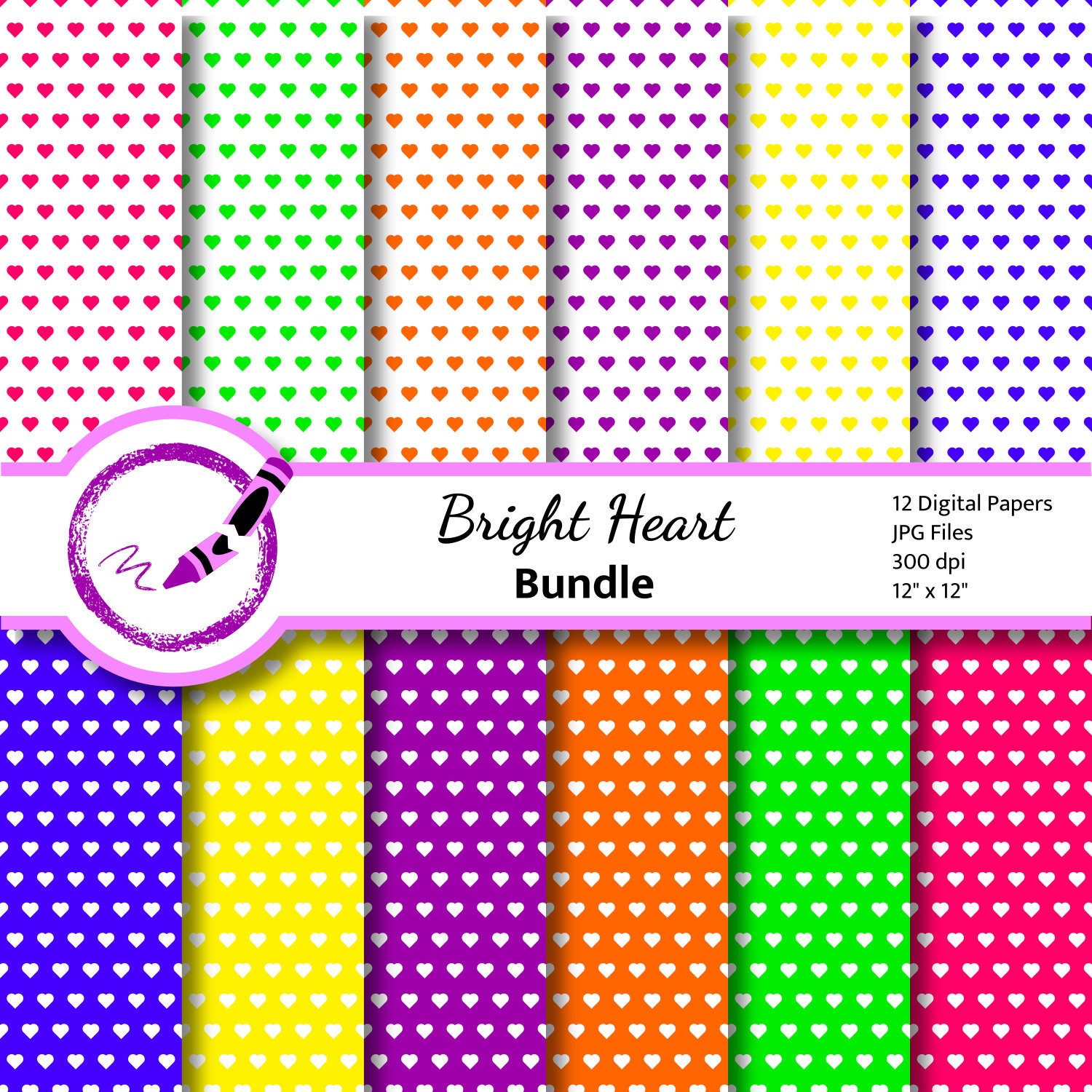 Bright Heart Digital Paper, Heart Scrapbook Paper, Heart Digital ...