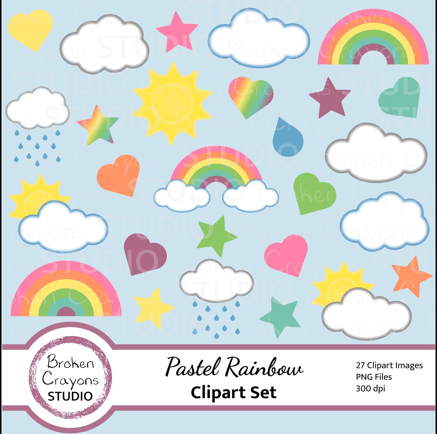 Pastel Rainbow Clipart Set Commercial Use, Cloud Clipart, Weather ...