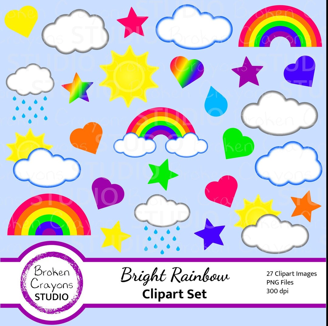 Bright Rainbow Clipart Set Commercial Use, Cloud Clipart, Weather ...