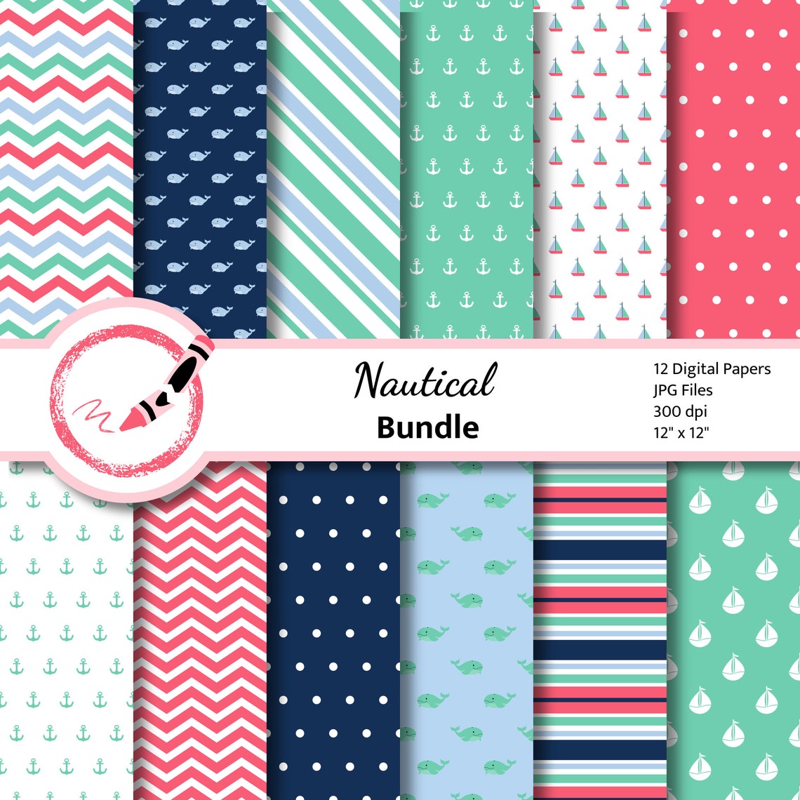 Nautical Digital Paper Commercial Use Pink and Blue - Etsy
