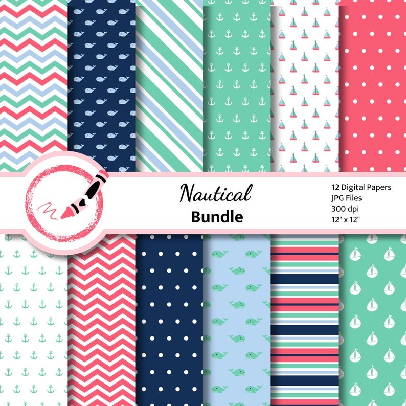 Nautical Digital Paper Commercial Use Pink and Blue - Etsy
