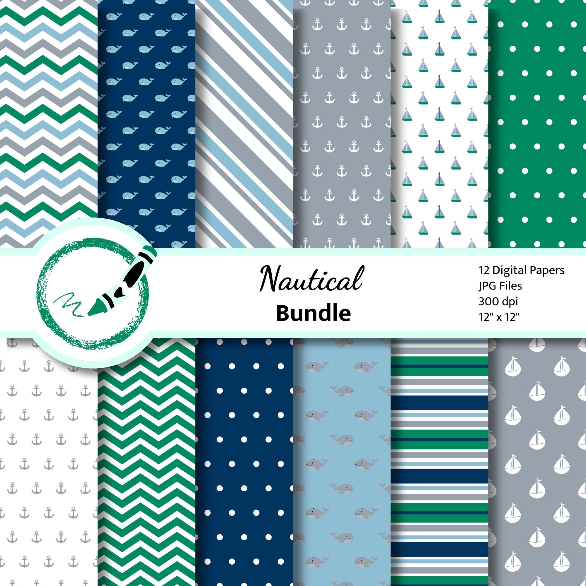 Nautical Digital Paper Commercial Use, Blue and Green Background, Sea ...