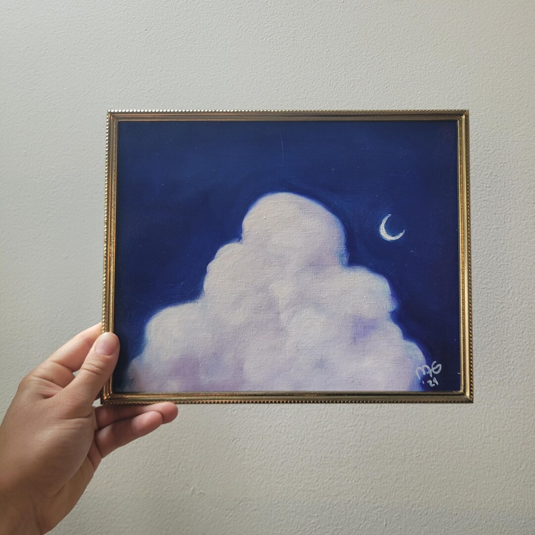 Summer Sky Cloud and Moon Phase Painting in Vintage Brass Frame ...