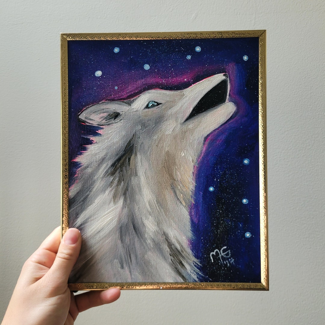 Howling Wolf Starry Night and Wolf Oil Painting on Canvas, Vintage ...