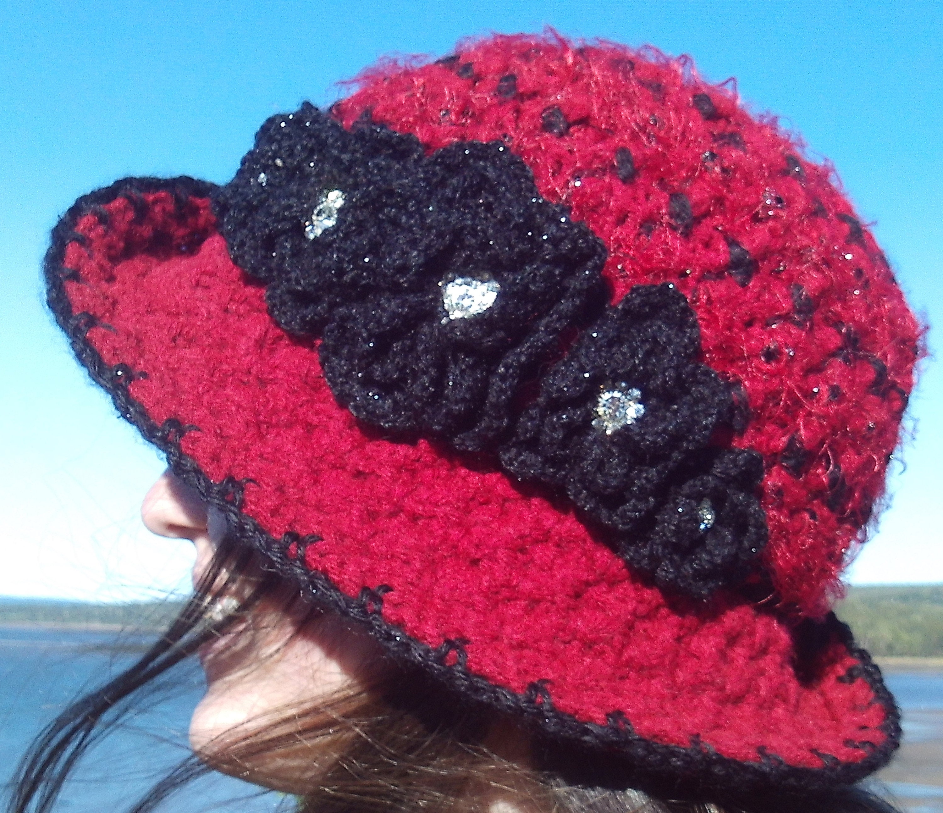 Wide Brimmed "greta Garbo" Hat in Red With 5 Black Flowers - Etsy