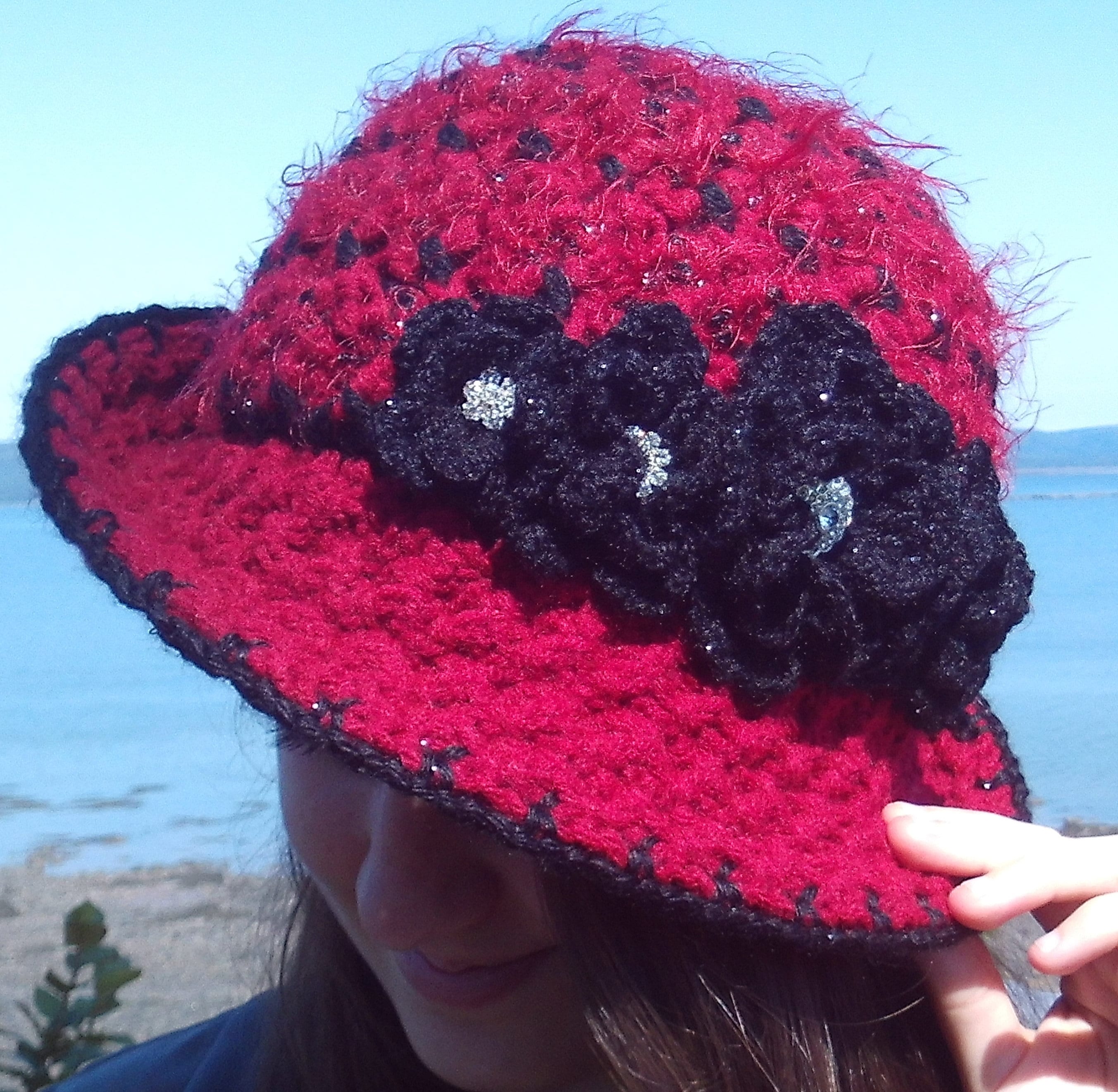 Wide Brimmed "greta Garbo" Hat in Red With 5 Black Flowers - Etsy