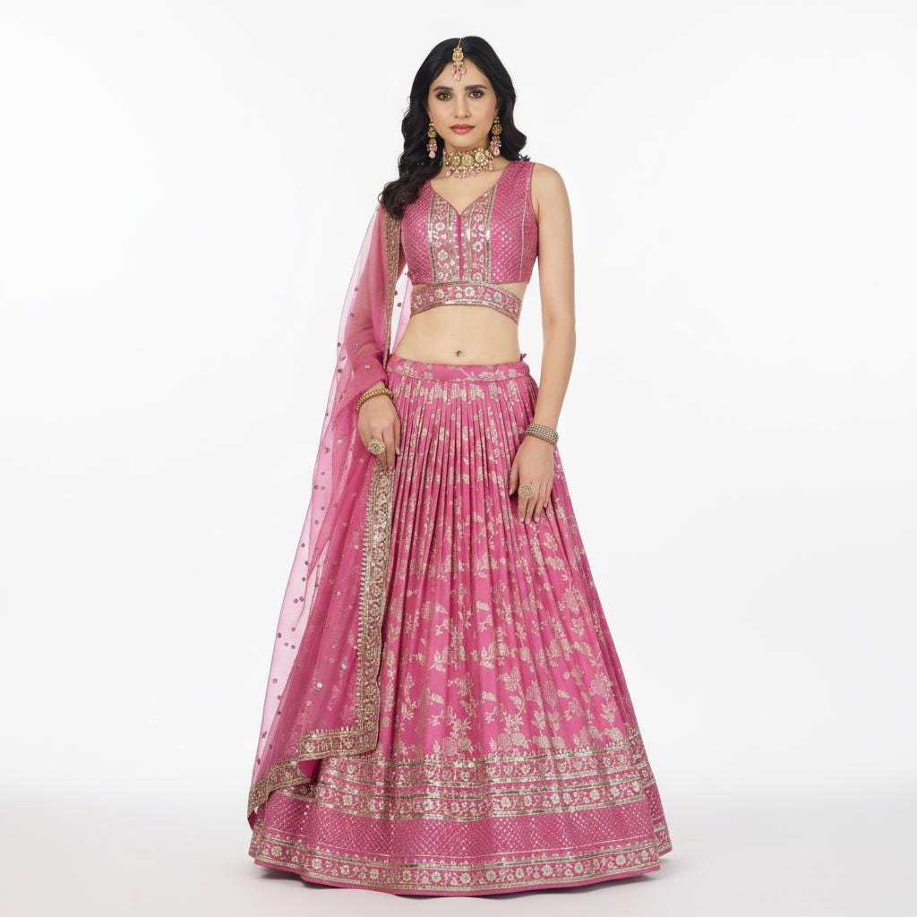 Pink Sequin Lehenga Choli for Women Ready to Wear Designer Silk Lengha ...