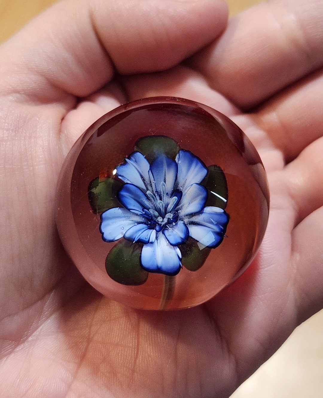 Glass Implosion Flower, Glass Marble, Blue Flower Marble, Handmade Marble, Blown Glass, Art ...