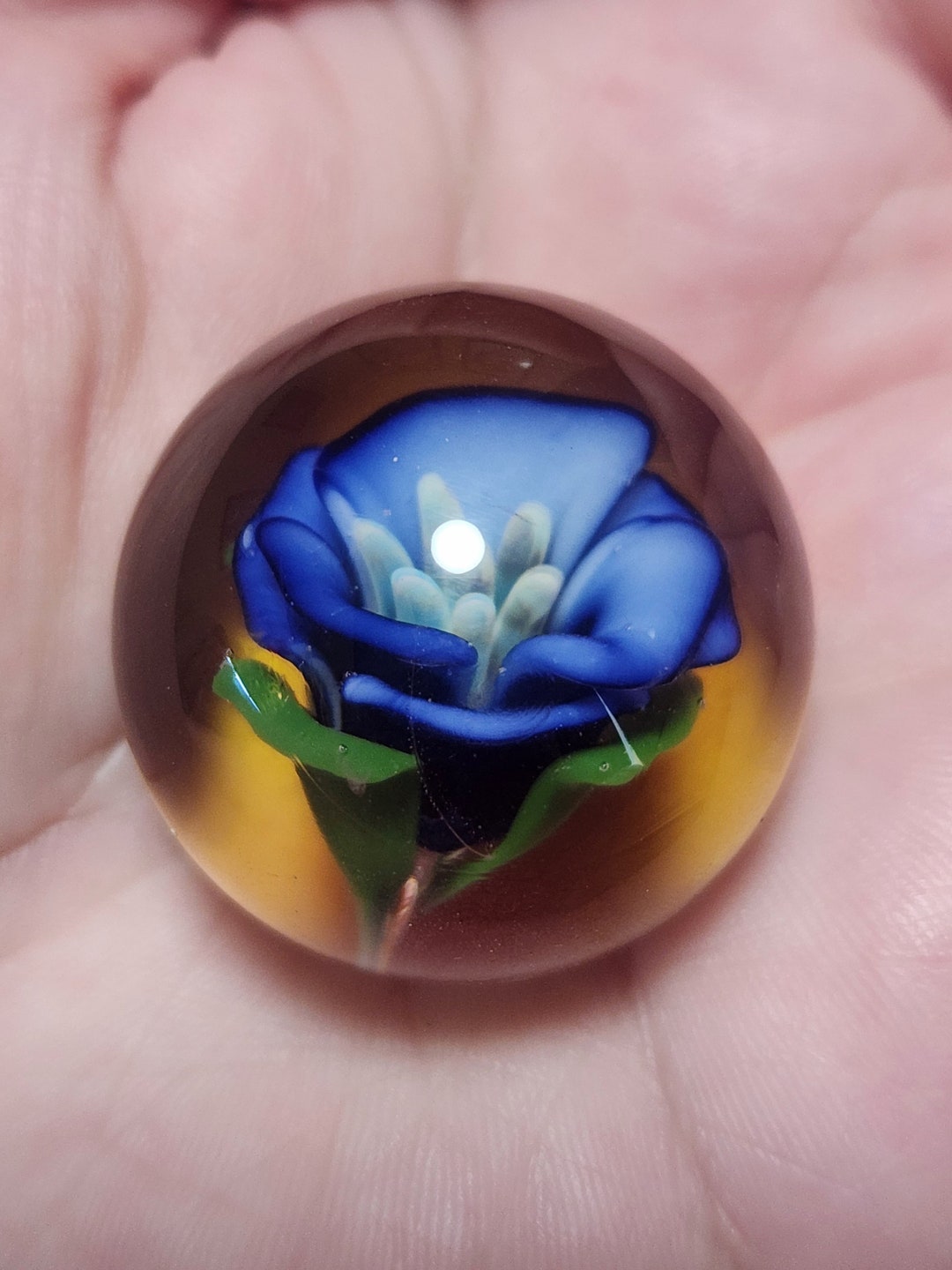 Blown Glass, Flower Marble, 32 Mm, Handmade Marble, Art Glass, Blue Flower Marble, Implosion ...