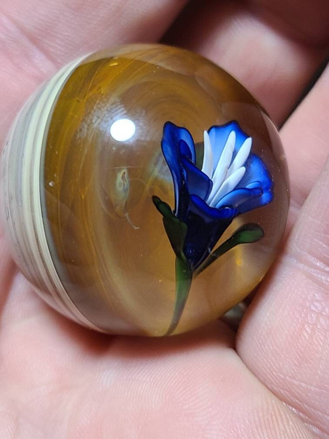 Blue Flower Implosion Marble, Flower Marble, Glass Marble, Blown Glass, Handmade Marble, Art ...