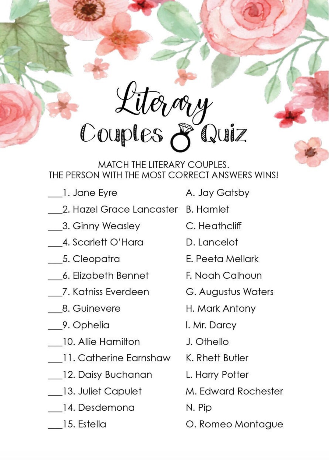 Literary Couples Quiz!!! - DIGITAL FORMAT! - Etsy