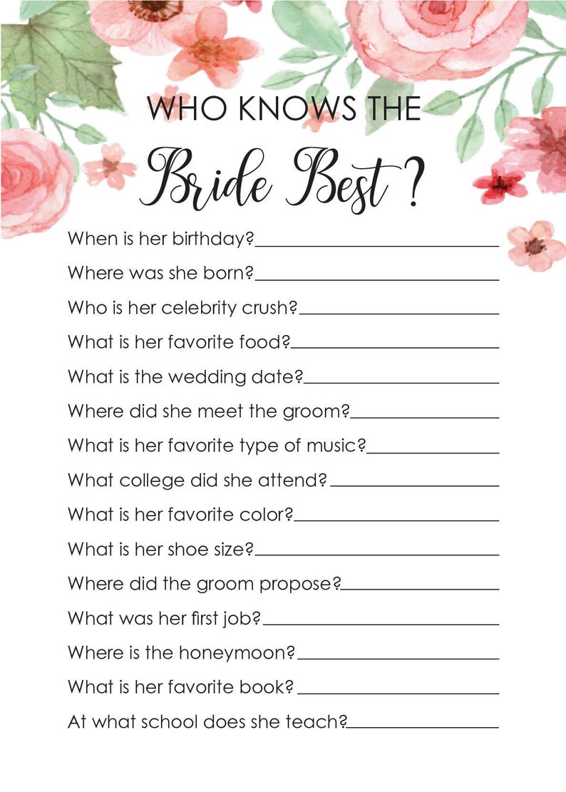 Who Knows the Bride Best? - Digital Format (can Be Edited) - Etsy