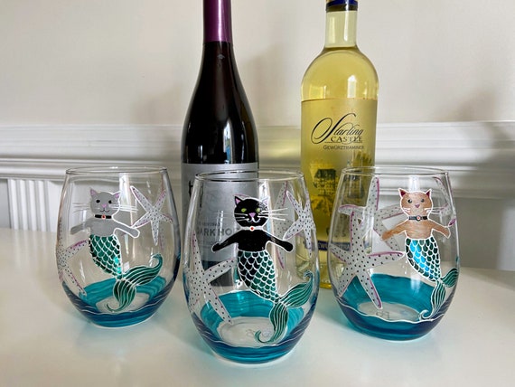 Hand Painted Mercat/purrcat/cat Mermaid Stemless Wine Glass / | Etsy