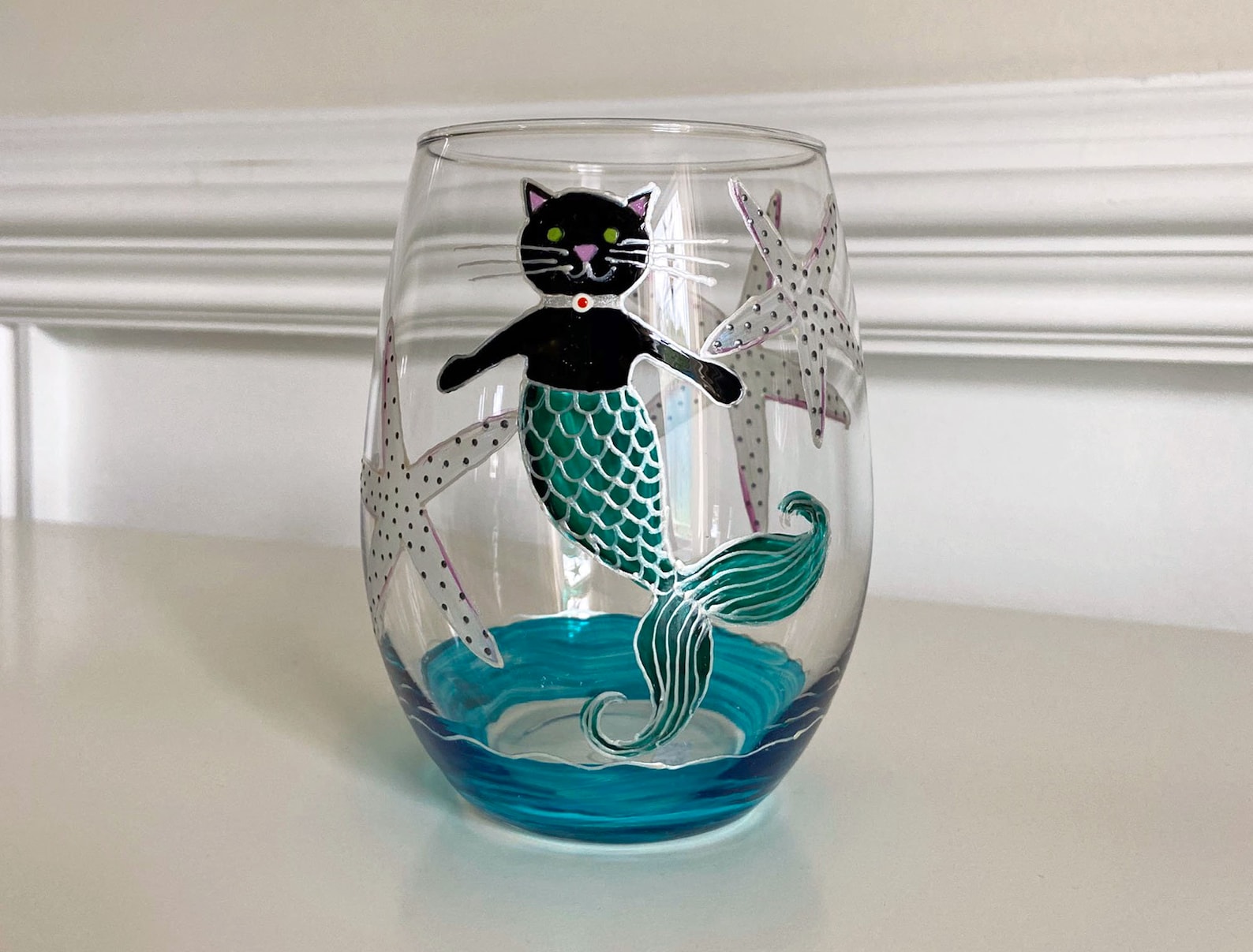 Hand Painted Mercat/purrcat/cat Mermaid Stemless Wine Glass / - Etsy