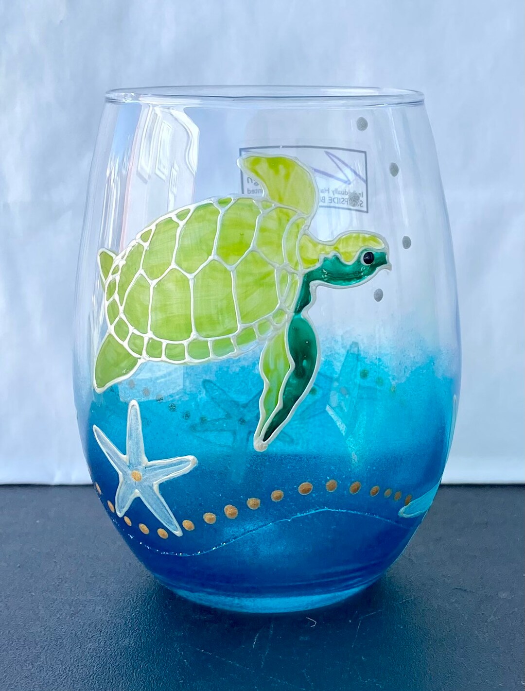 Hand Painted, Sea Turtle/turtle Stemless Wine Glass / 15 Ounce Capacity ...