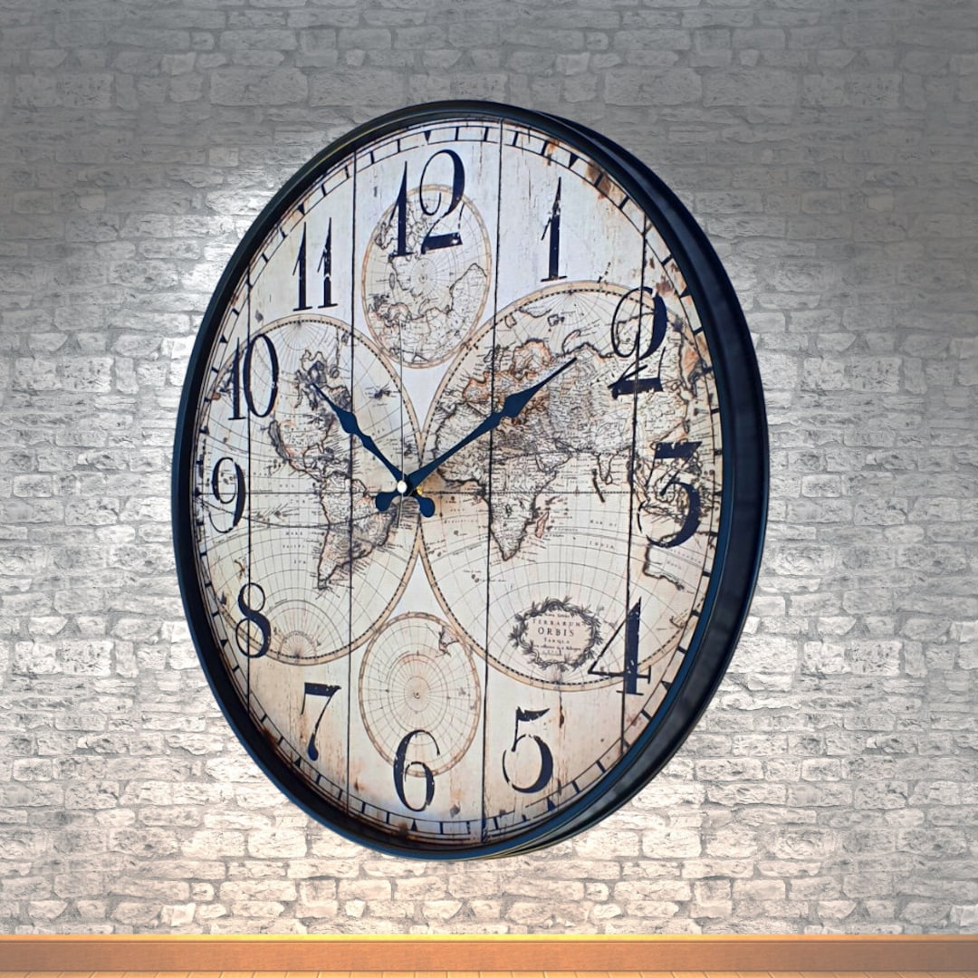 World Map Wall Decor, World Map Themed Wall Clock. Large Wall Clock ...