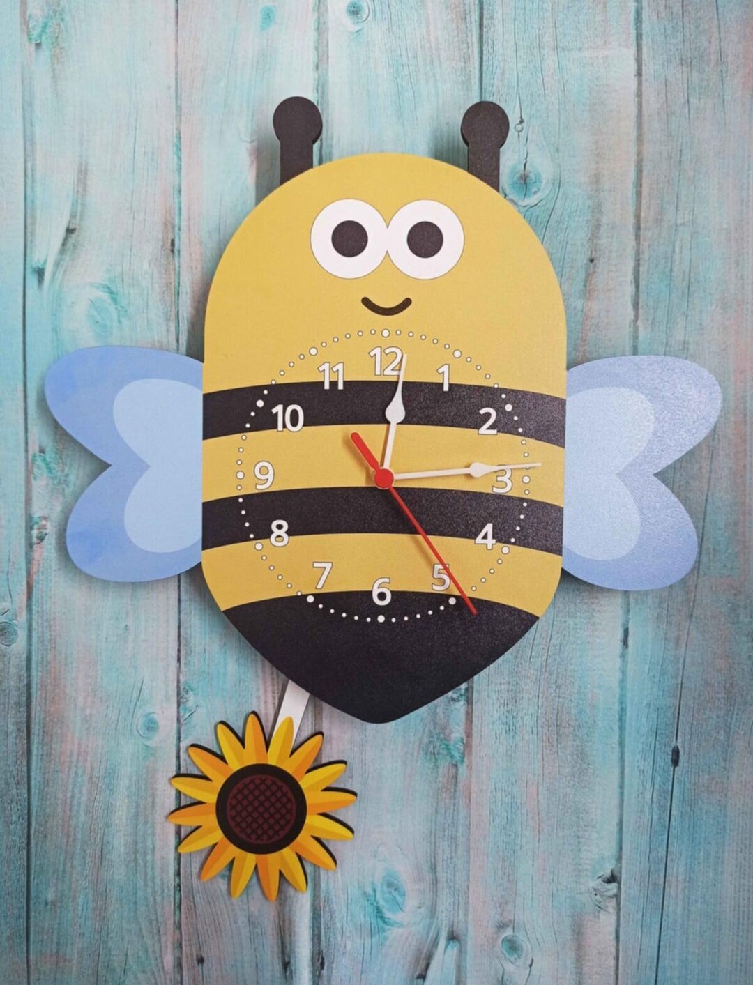 Swinging Pendulum Wooden Bee Flower Kids Room Wall Clock, Christmas ...