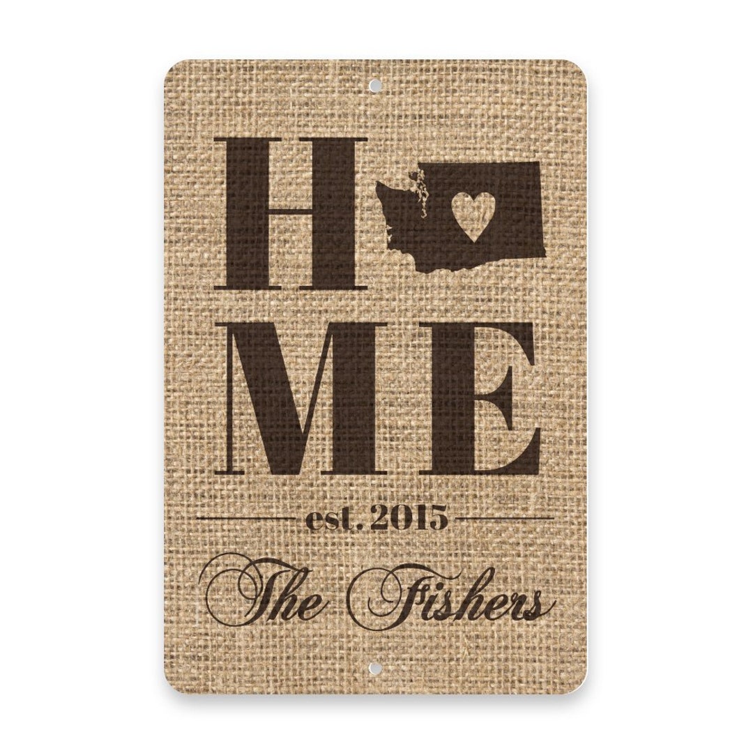 Personalized Burlap Look Washington Home With Family Name Metal Room ...