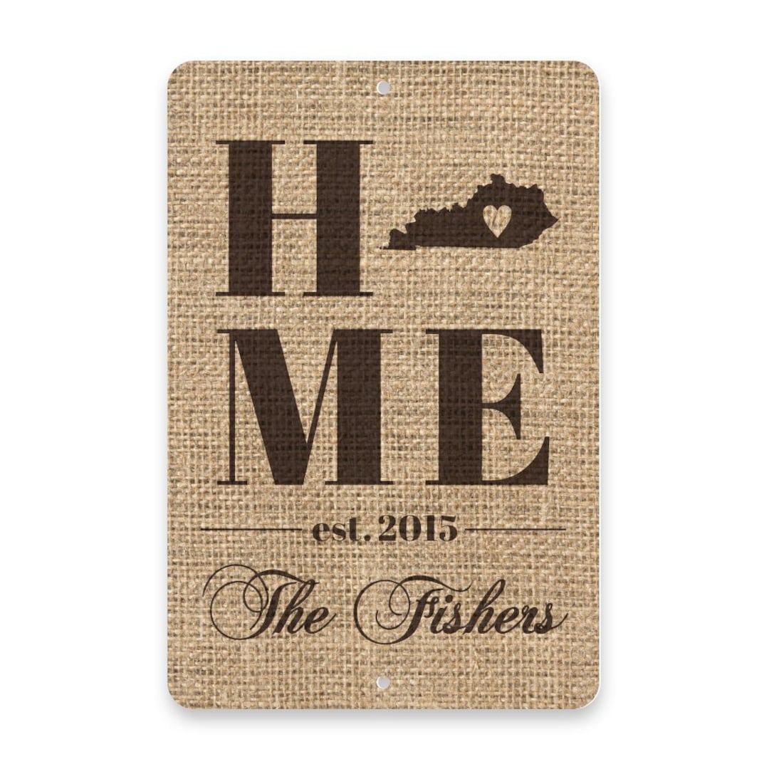 Burlap Look Personnalisé Kentucky Home avec nom de famille Metal Room ...