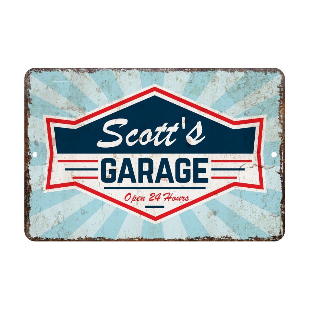 Personalized Vintage Distressed Look Garage Open 24 Hours Metal Room ...
