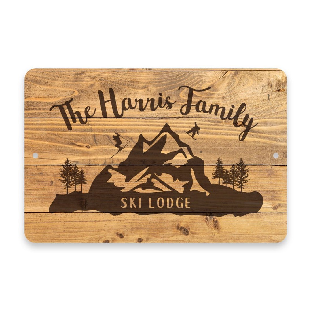 Personalized Rustic Wood Plank Ski Lodge Metal Room Sign - Custom Sign ...