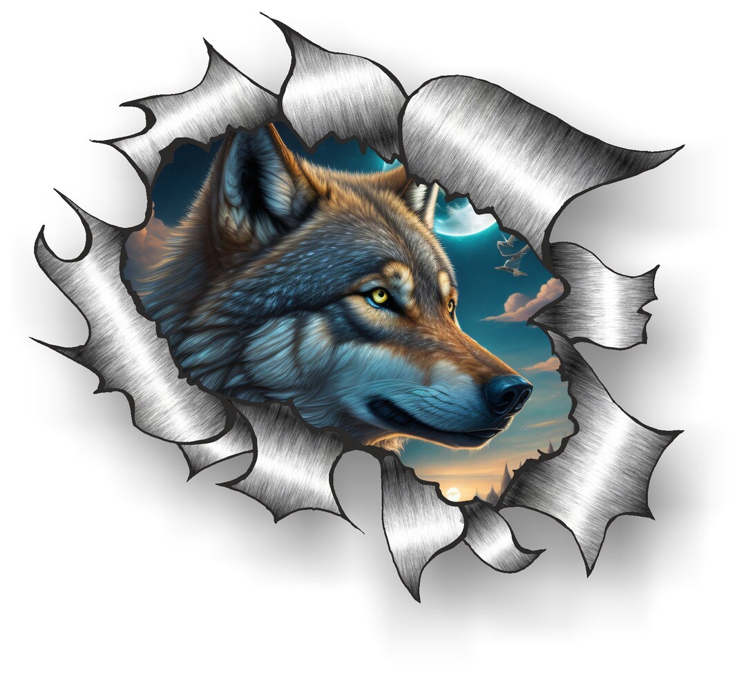 Licensed Ripped Torn Metal Rip Design With Beautiful Wolf Wolves Face ...
