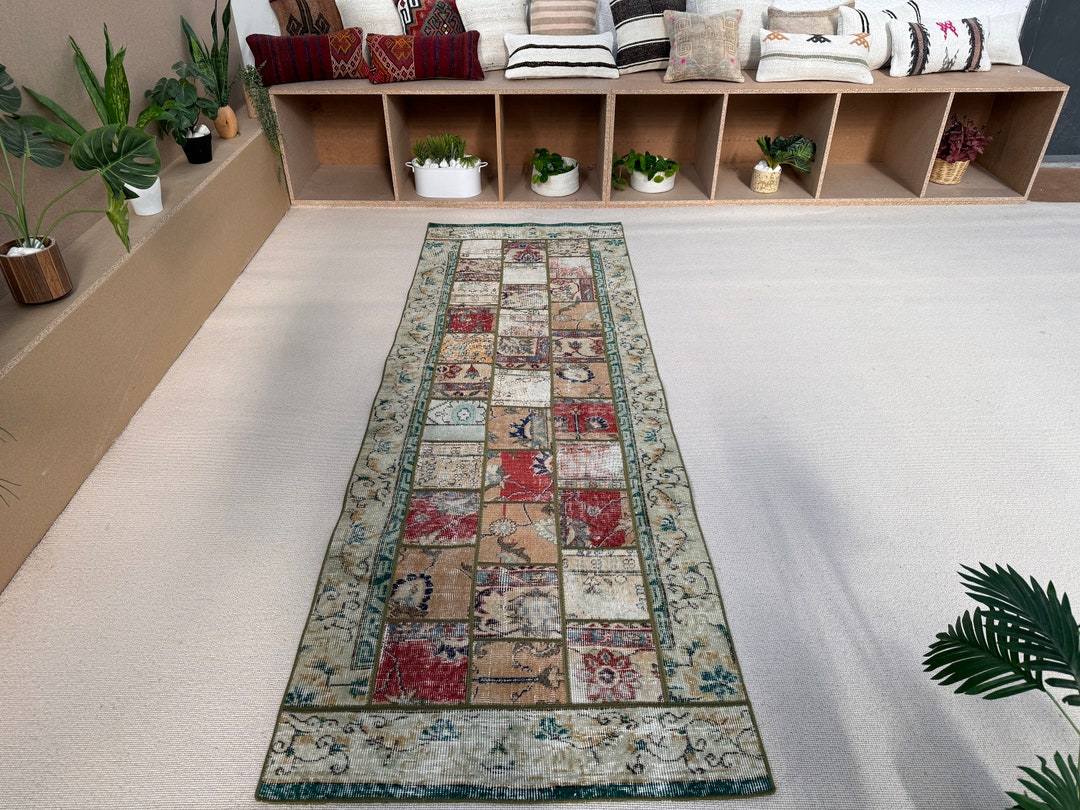 Vintage Rug Turkish Runner Rugs Anatolian for Hallway 2.8x8.4 Ft Green ...