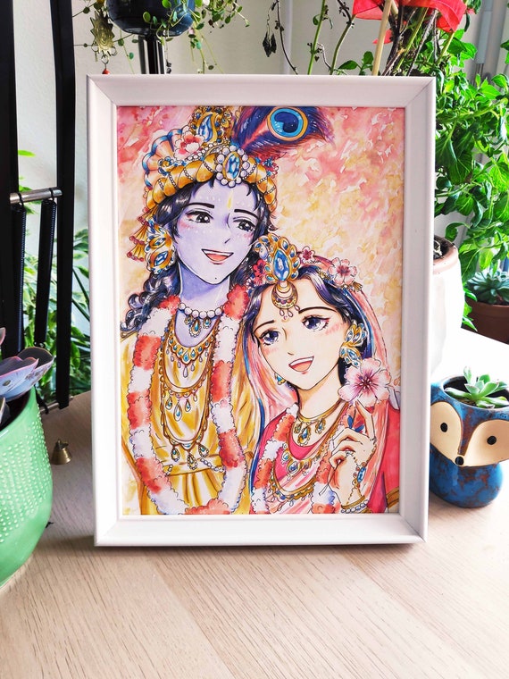 Painting Art & Collectibles Watercolor Happy Shri Radha Krishna ...