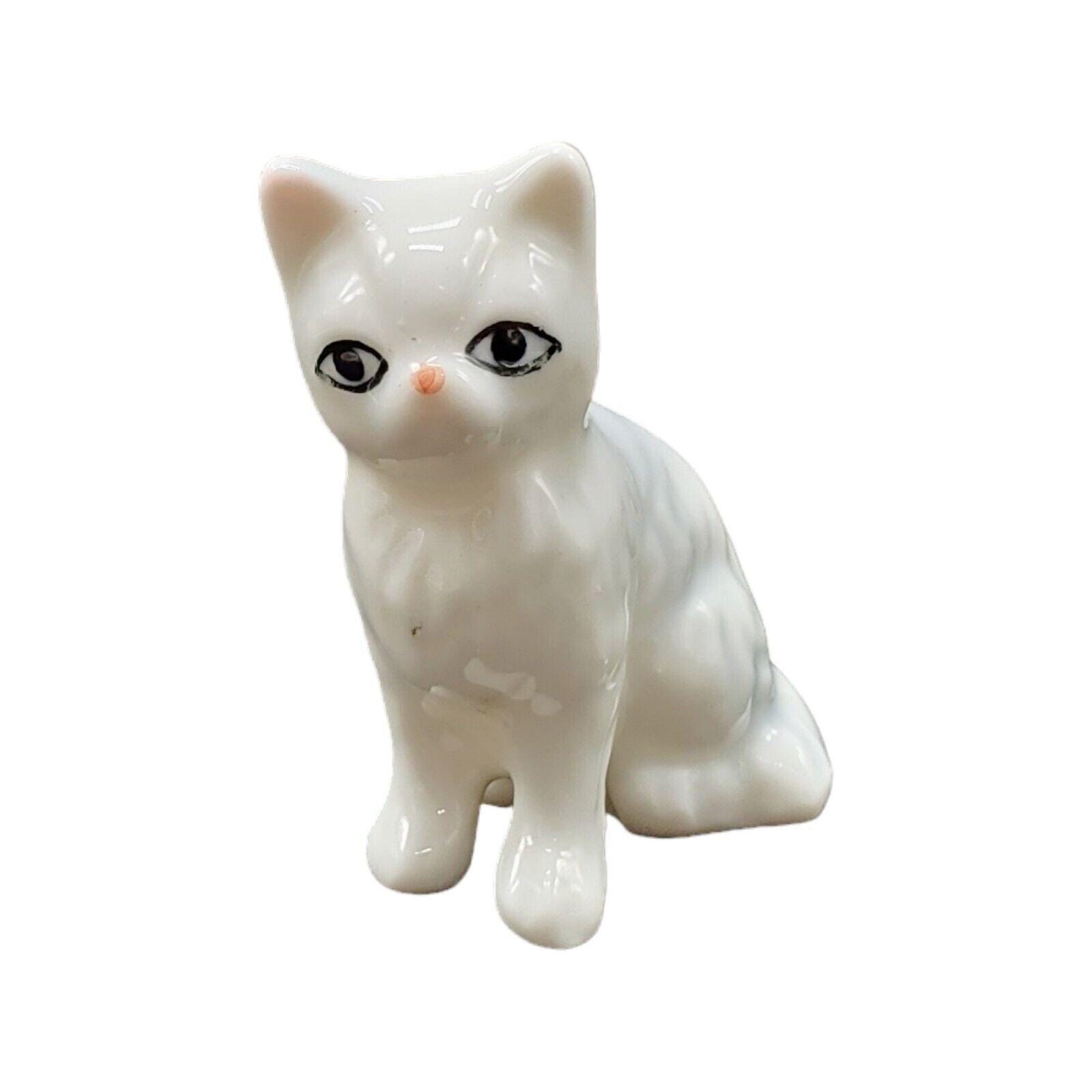 Vintage Bone China Cat Figurine White Blue Eyes 2-1/4