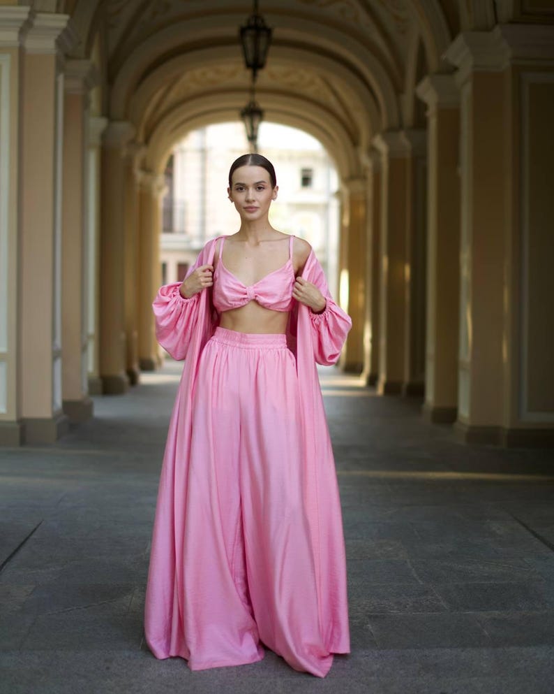 Three-piece Pajama Set Polished Linen (bra+robe+pants) Pink - Etsy