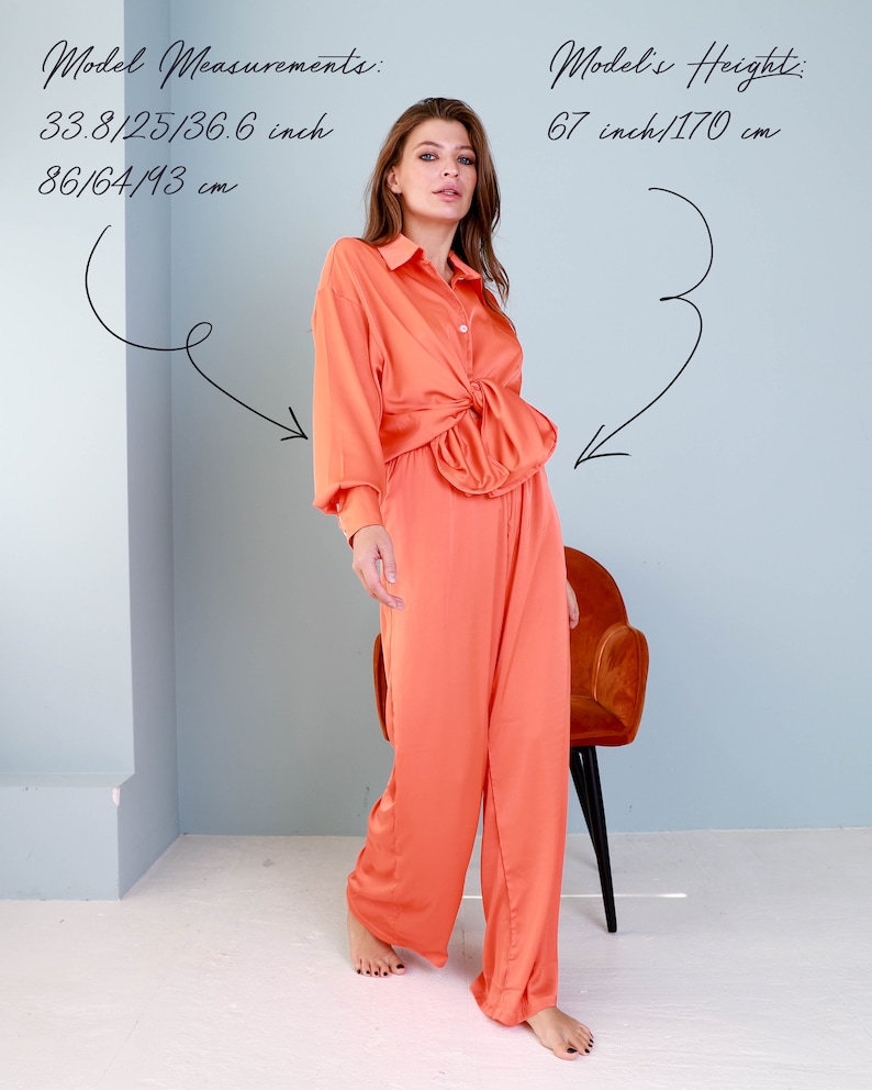 Orange Silk Pajama, Women Pajama Set, Long Pants Pajama, Gift for ...
