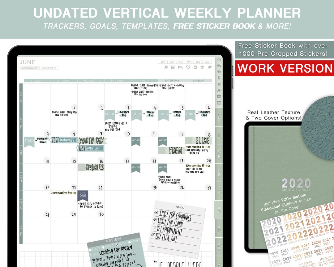 Vertical Olive/ Green Digital Planner (WORK) | Weekly, Undated, Minimal ...