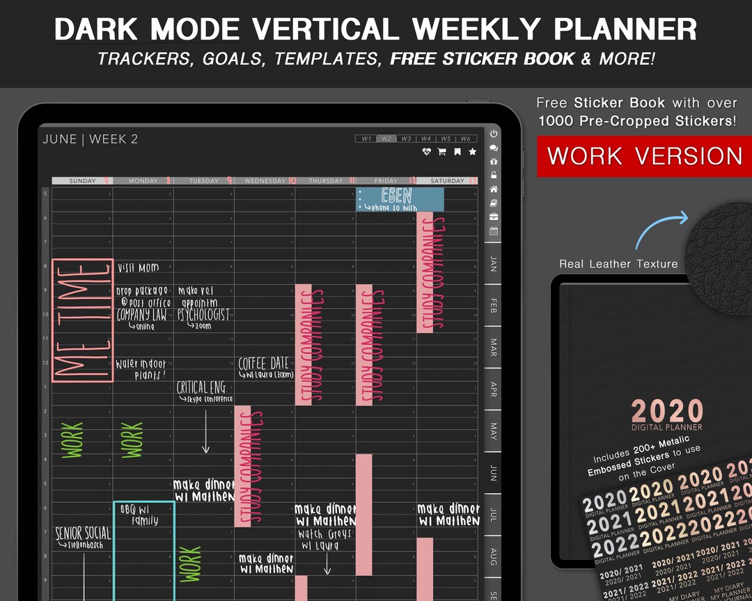 Dark Mode Digital Planner (WORK) Vertical Blackout | Weekly, Undated ...