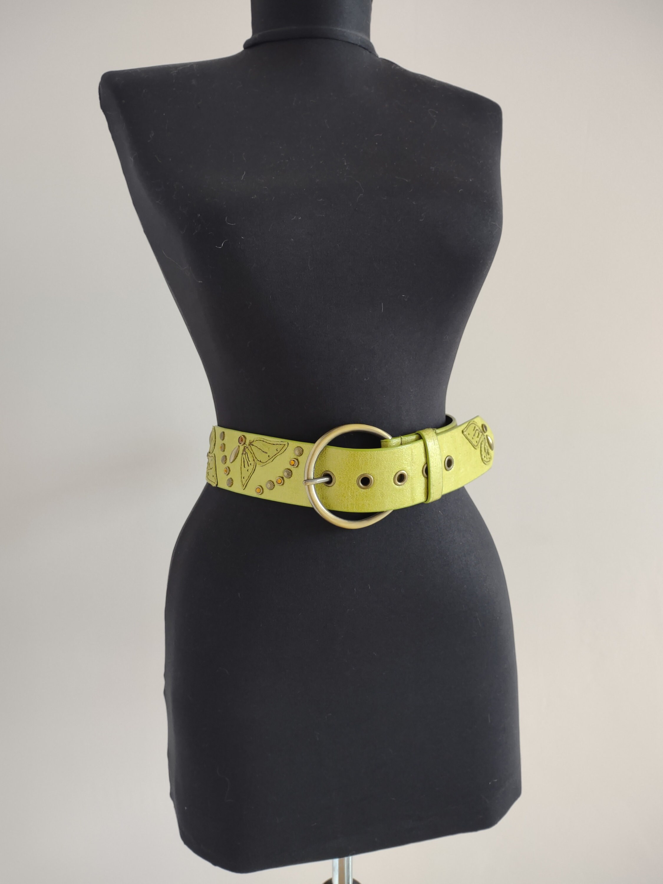 Vintage Wide Light Green Belt With Butterflies and Eyelets and Glass ...