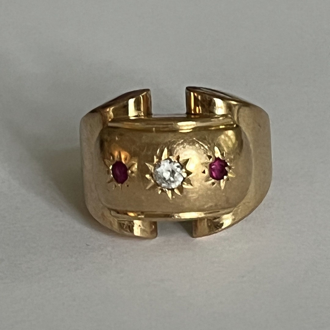 5544 Yellow Gold Bridge Ring Diamond Red Stones - Etsy