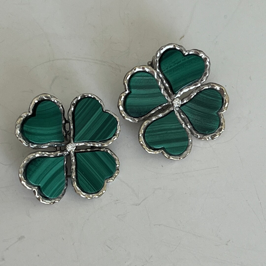 5453 Clover Ear Clips White Gold Malachite Diamonds - Etsy