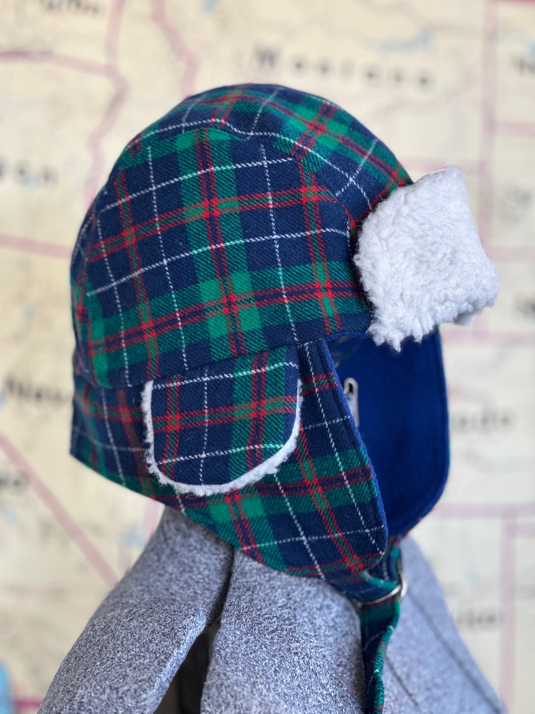 Upcycled Wool Aviator Hat Red Green and Navy Plaid Youth - Etsy