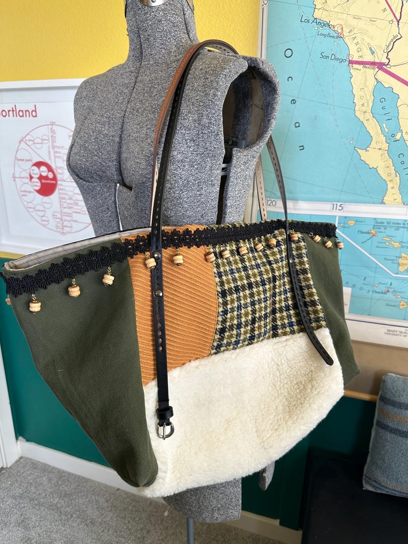 Upcycled Woodland Shoulder Purse With Mixed Textiles and Beaded Trim ...