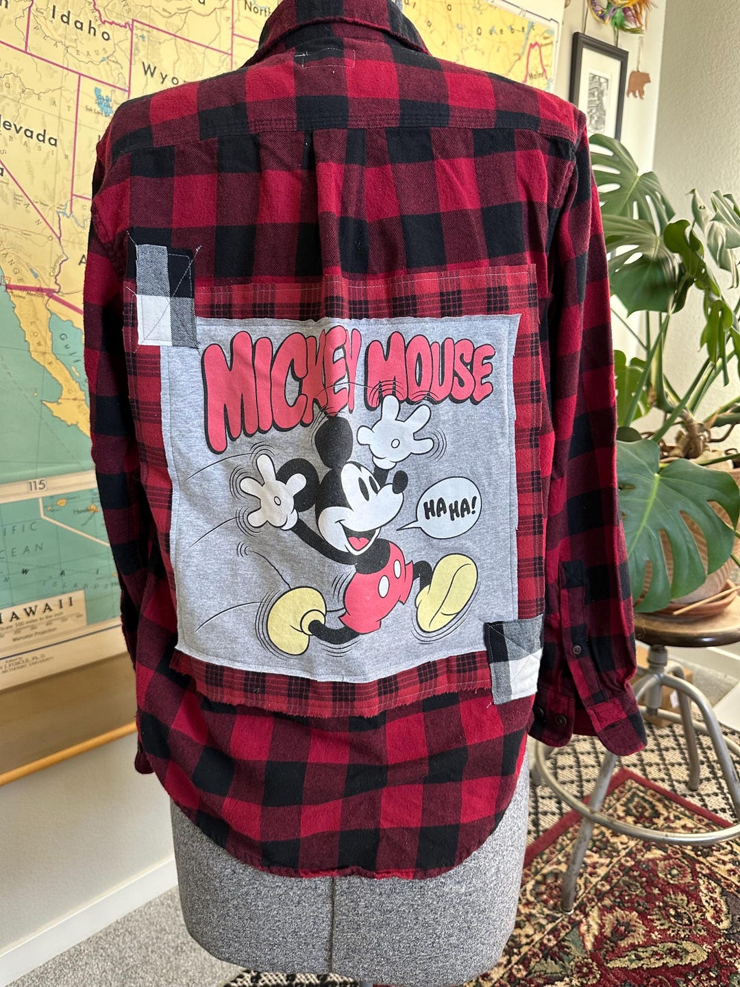 Upcycled Flannel Art Shirt - Mickey Mouse - Size S/M - Etsy