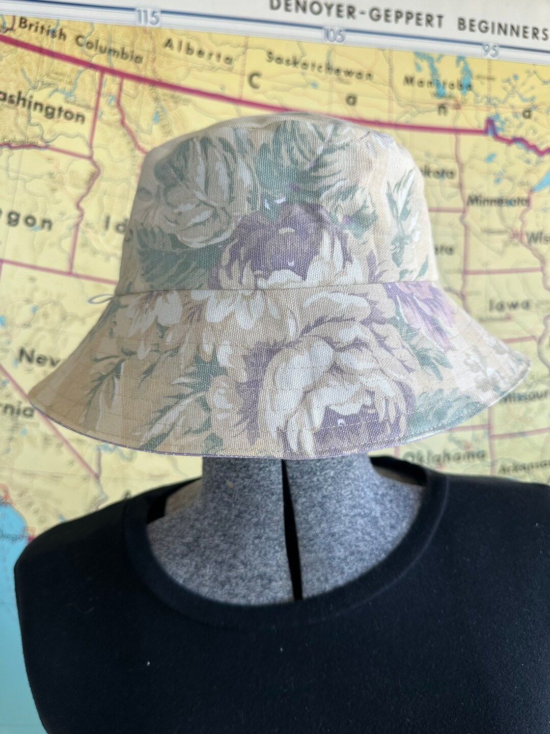 Upcycled Reversible Bucket Hat Neutral Floral Stripe Canvas - Etsy