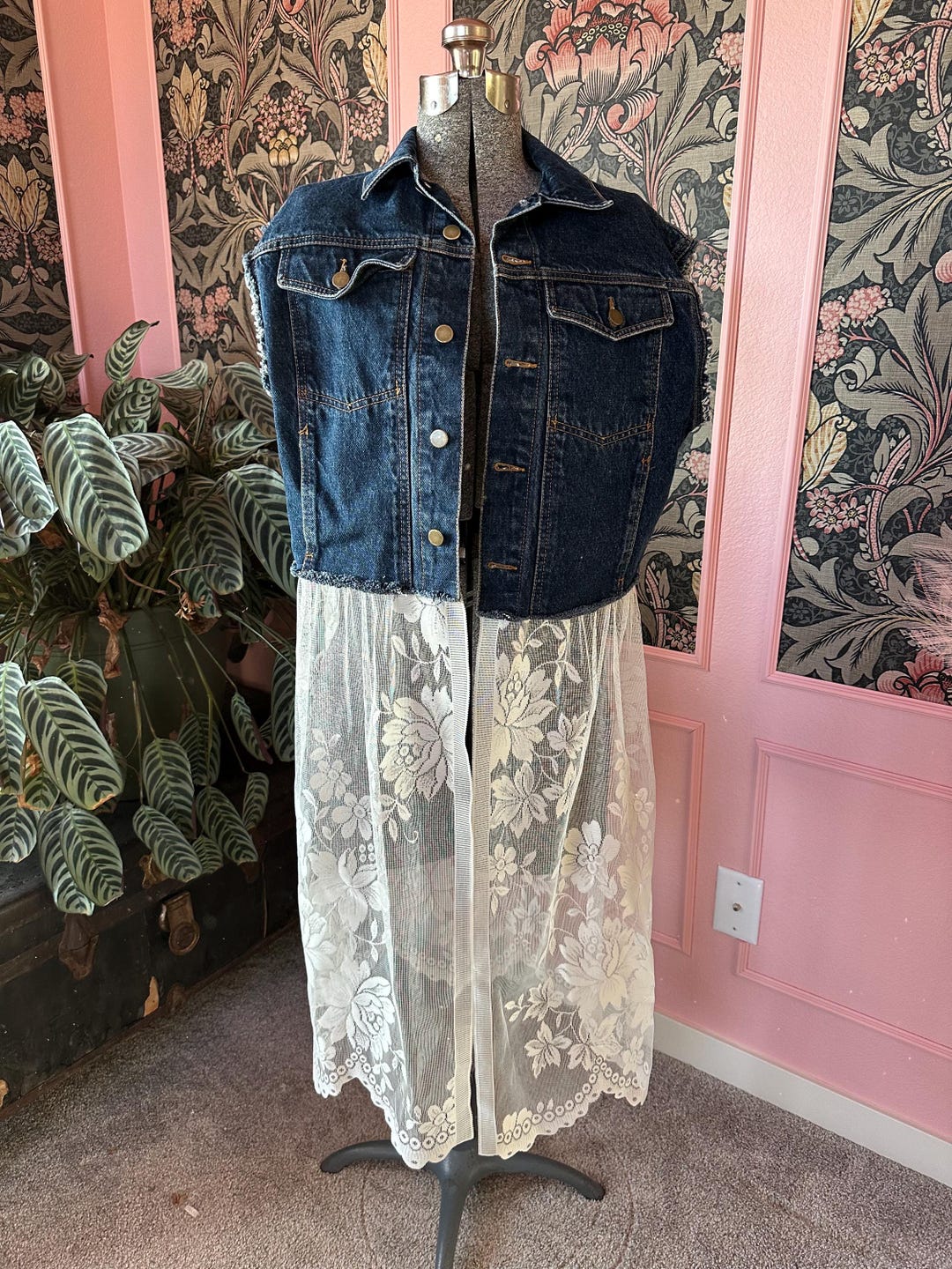 Upcycled Dark Denim and White Lace Duster Size M - Etsy