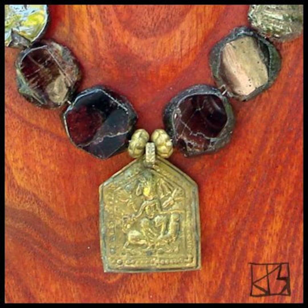 GOLDEN LAKSHMI: Antique Hindu Goddess Gilded Repousse + Rare Raw Garnet ...