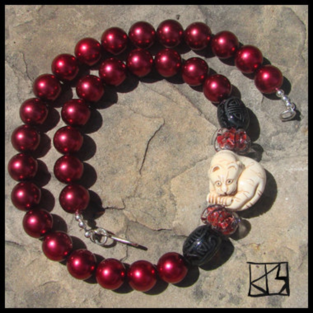 Year of the TIGER Ojime Cat GENUINE Netsuke Lampwork Nacre Pearl Beaded ...