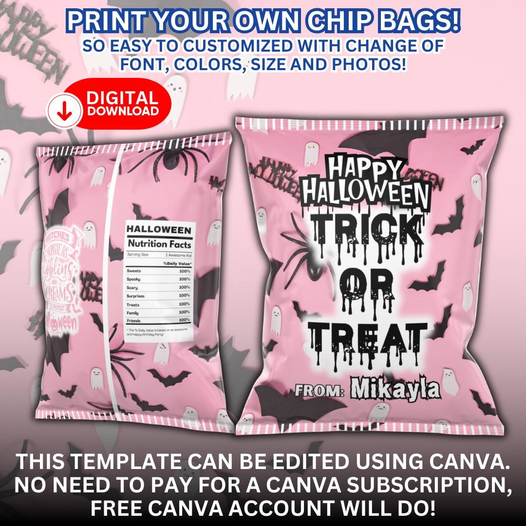 Pink Trick or Treat Halloween Chip Bag Canva Template - Etsy