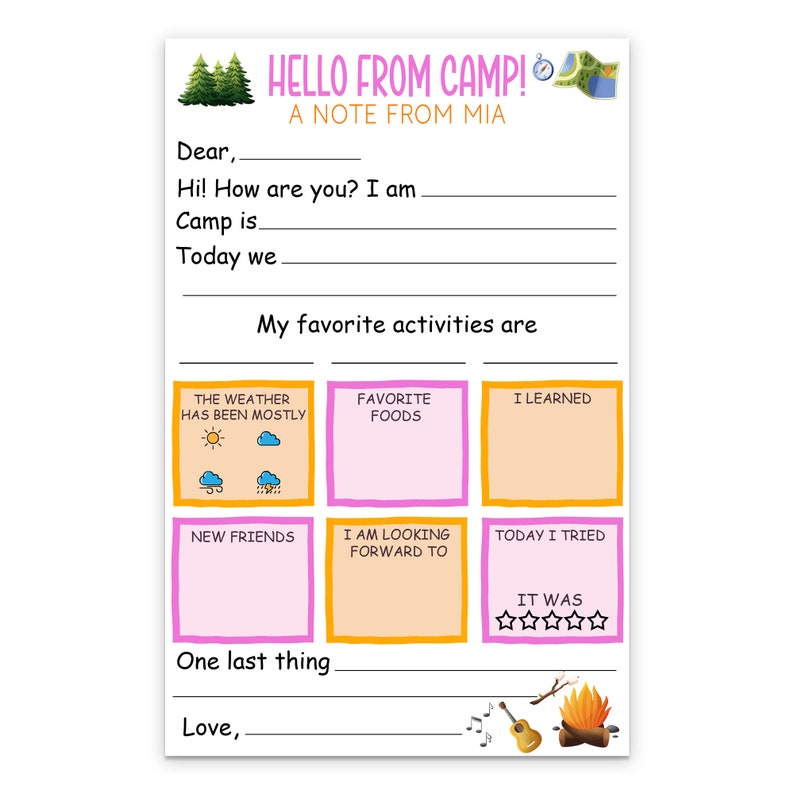 Fill in the Blank Girl Summer Camp Stationery, a Note From Camp ...