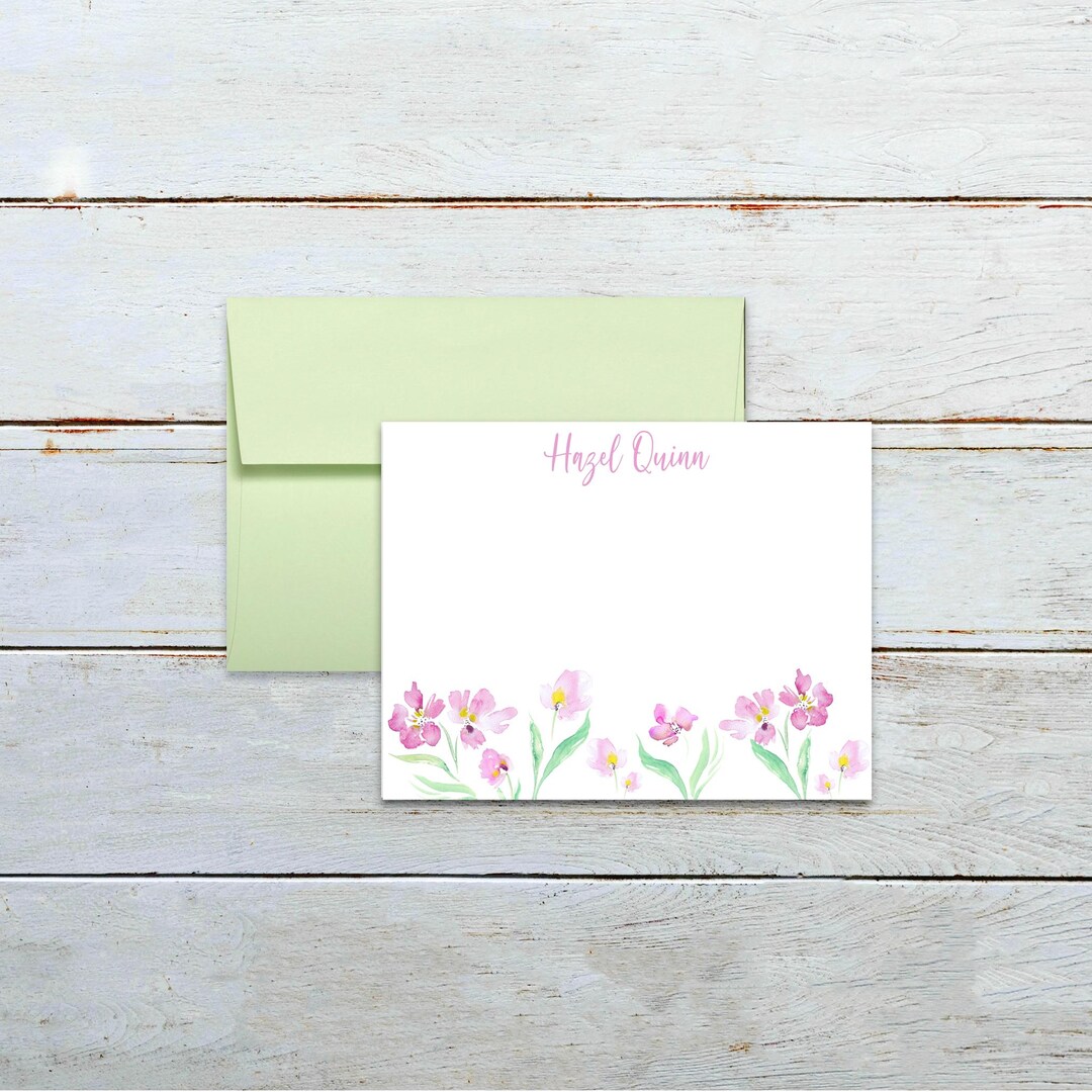 Personalized Watercolor Floral Stationery Cards, Flat Note Cards With ...