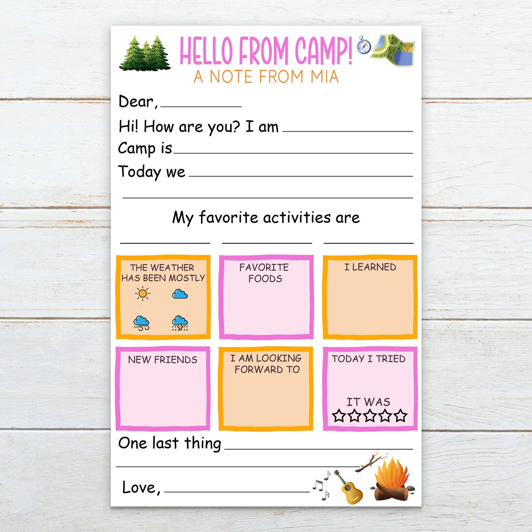 Fill in the Blank Girl Summer Camp Stationery, a Note From Camp ...