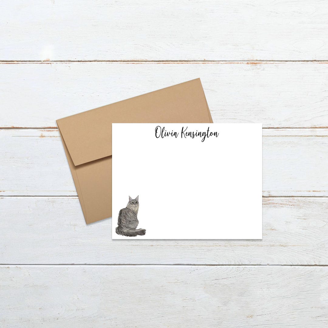 Personalized Norwegian Forest Cat Flat Note Cards With Kraft Envelopes ...