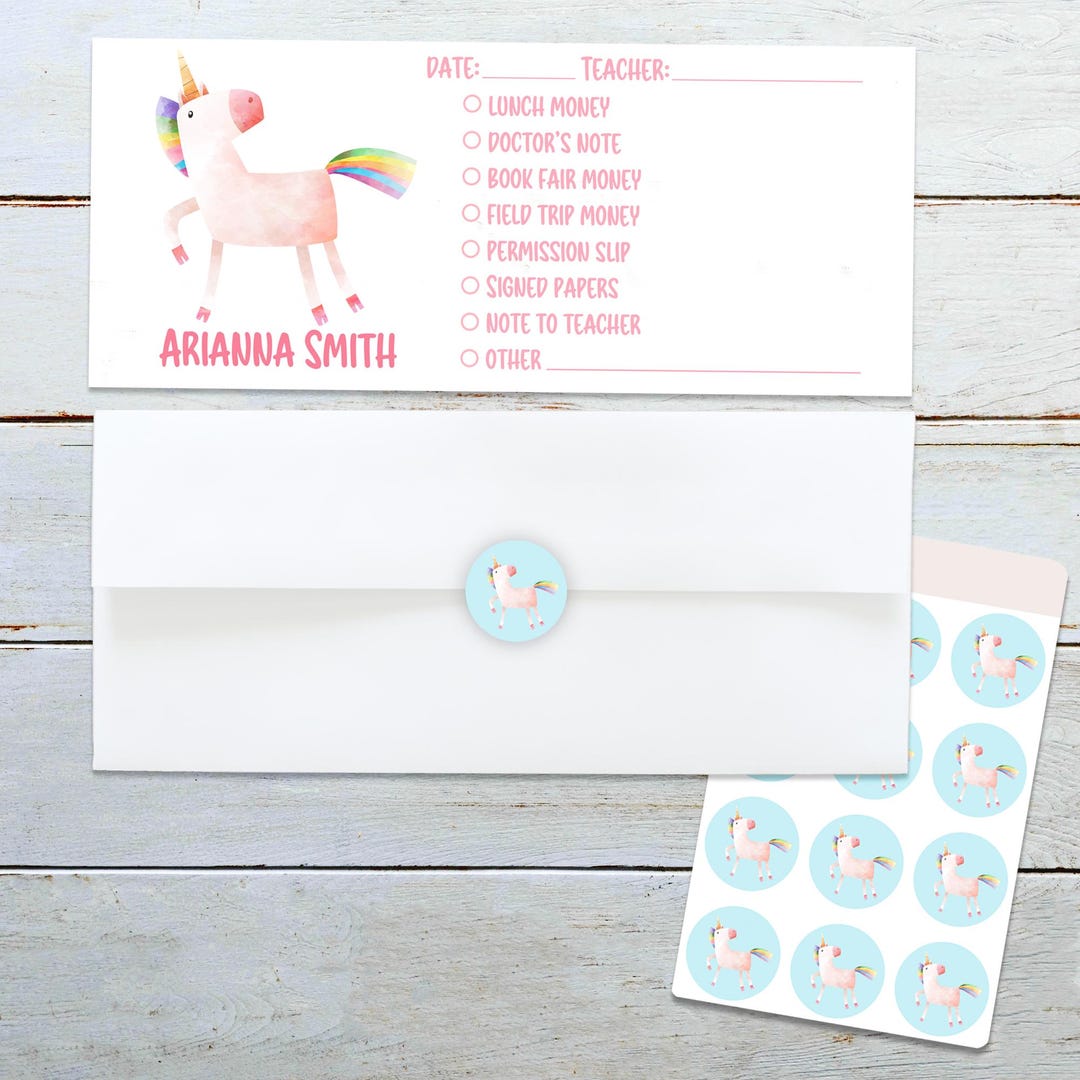 Personalized Unicorn Money Envelopes for School With Name, Stickers ...