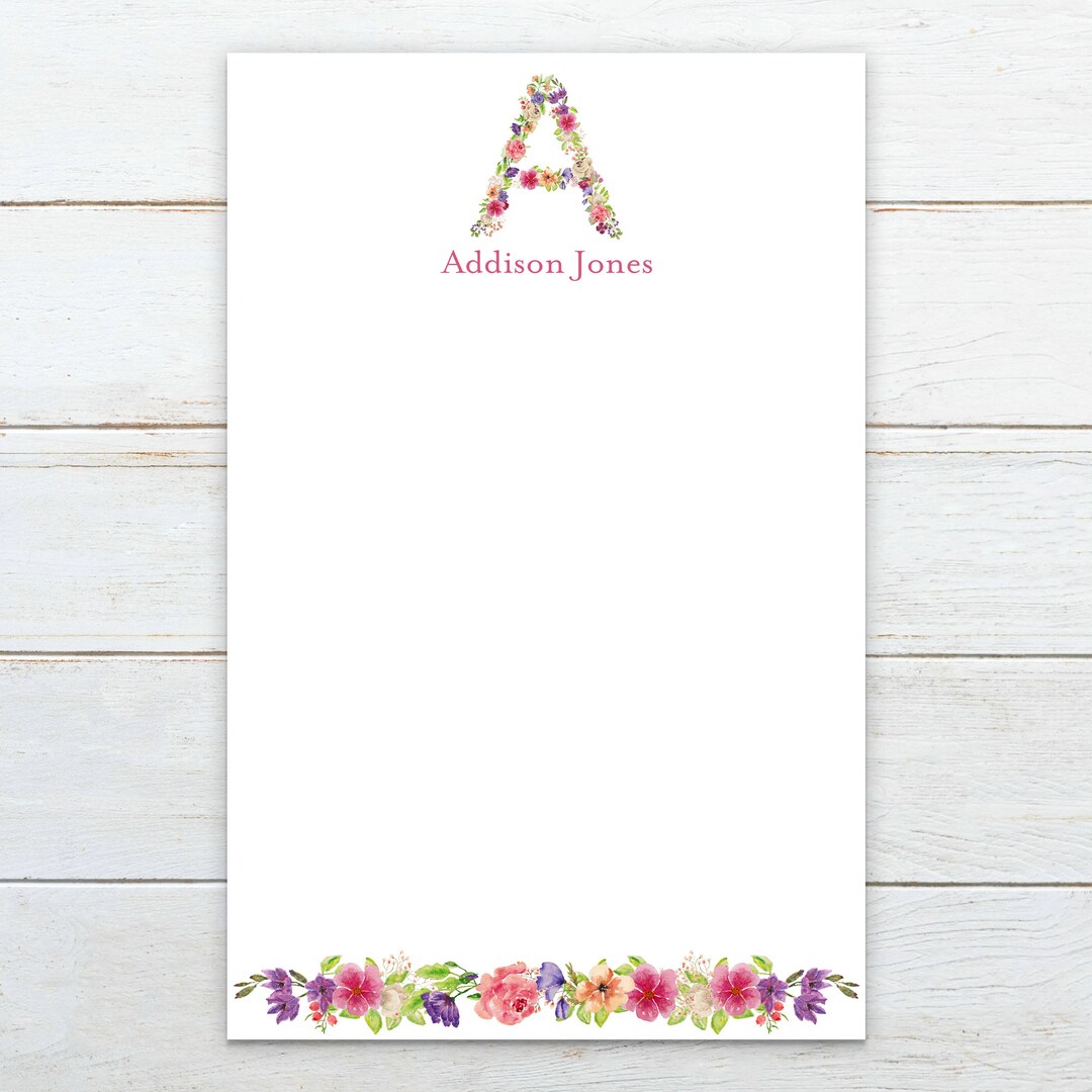 Personalized Watercolor Flowers Notepad With Name and Initial ...